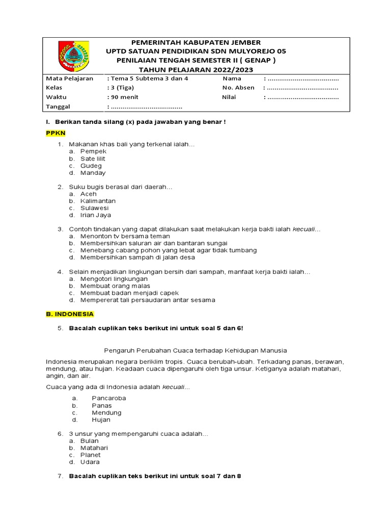 Soal PTS Kelas 3 Tema 5 Sub 3 Dan 4 Hari Ke-2 | PDF