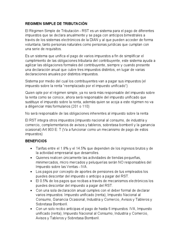 Regimen Simple De Tributación Pdf Impuestos Finanza Pública
