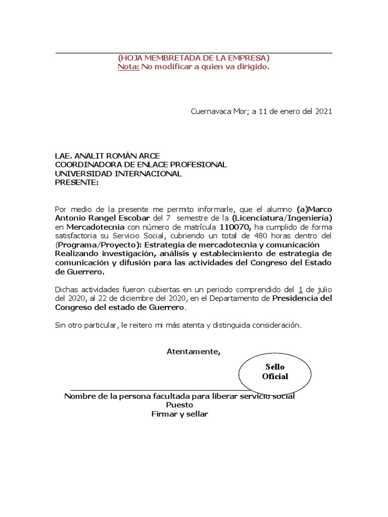 Carta de Liberacion | PDF