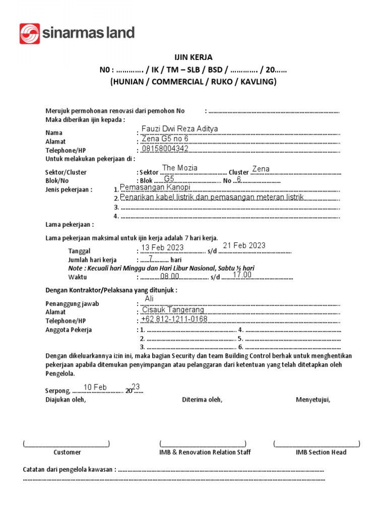 Formulir Izin Kerja SML 2022 | PDF