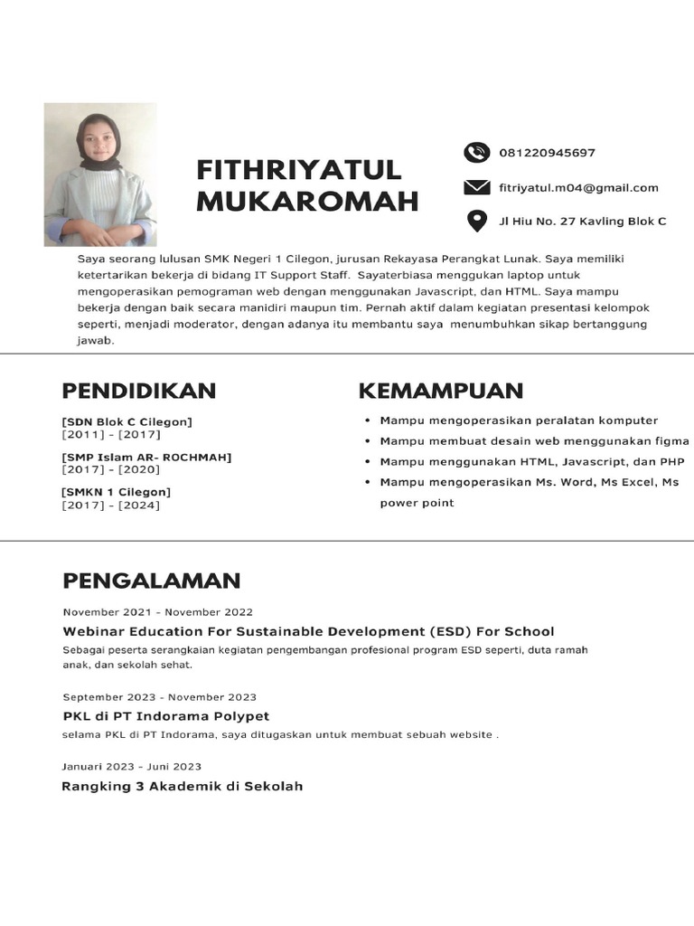CV Dan Lamaran Kerja Fithriyatul XLL RPL 1 | PDF