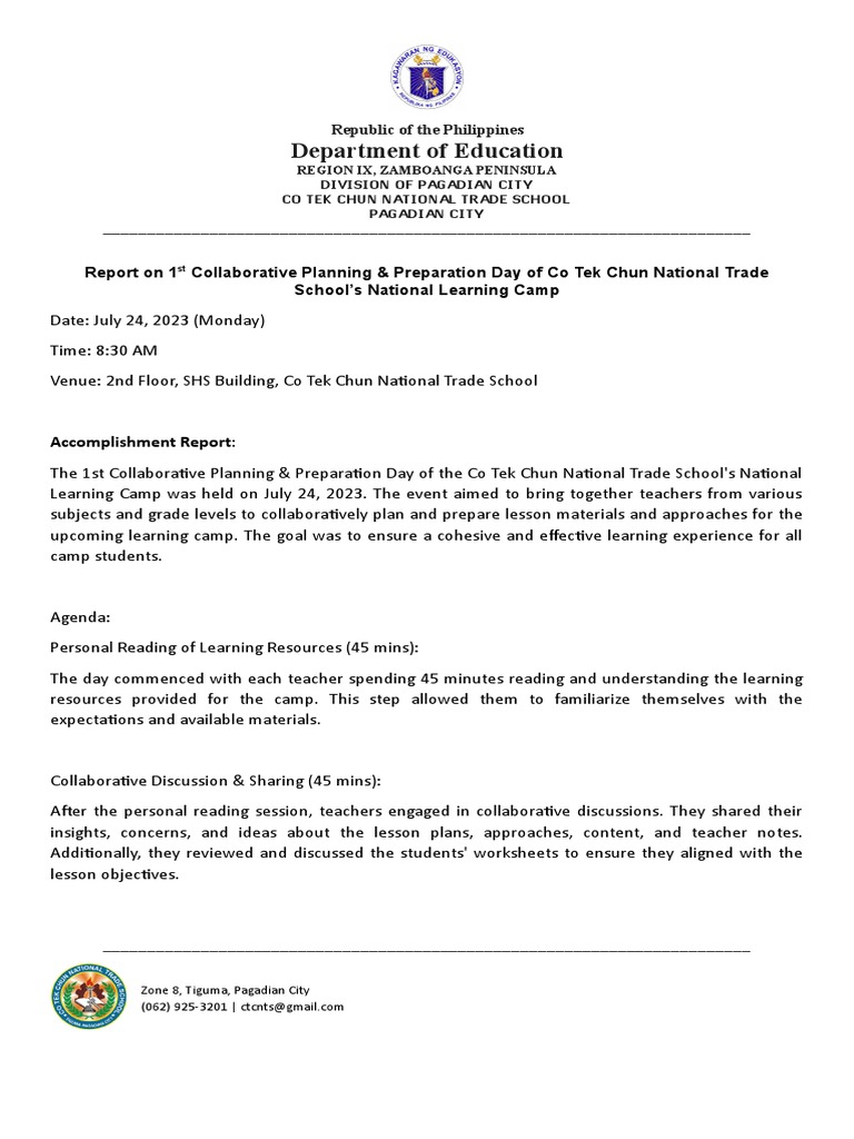 NLC Collaborative Activities Report | PDF | Teachers | Lesson Plan