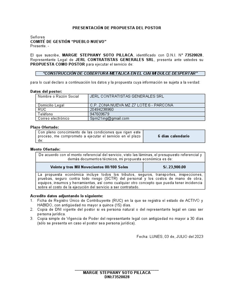 Anexo 22 - MODELO DE PRESENTACION DE PROPUESTA DEL POSTOR | PDF