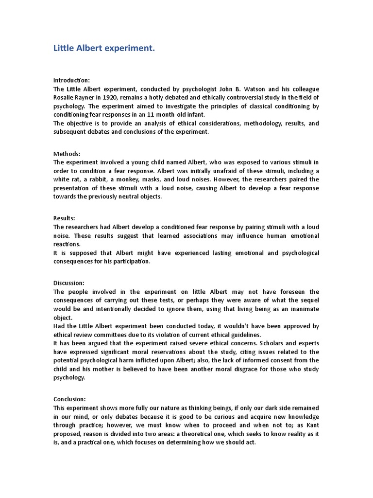 Little Albert Experiment: Ethics and Impact | PDF | Psychology | Experiment