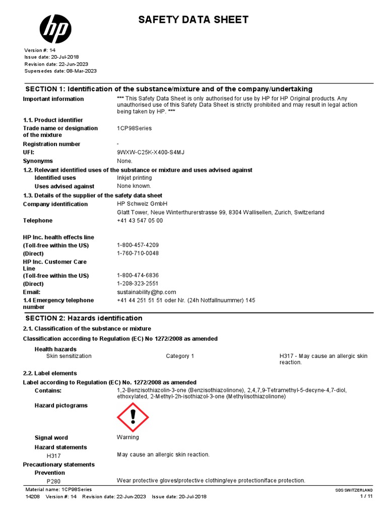 MSDS HP A33 Yellow Printhead | PDF | Dangerous Goods | Toxicity