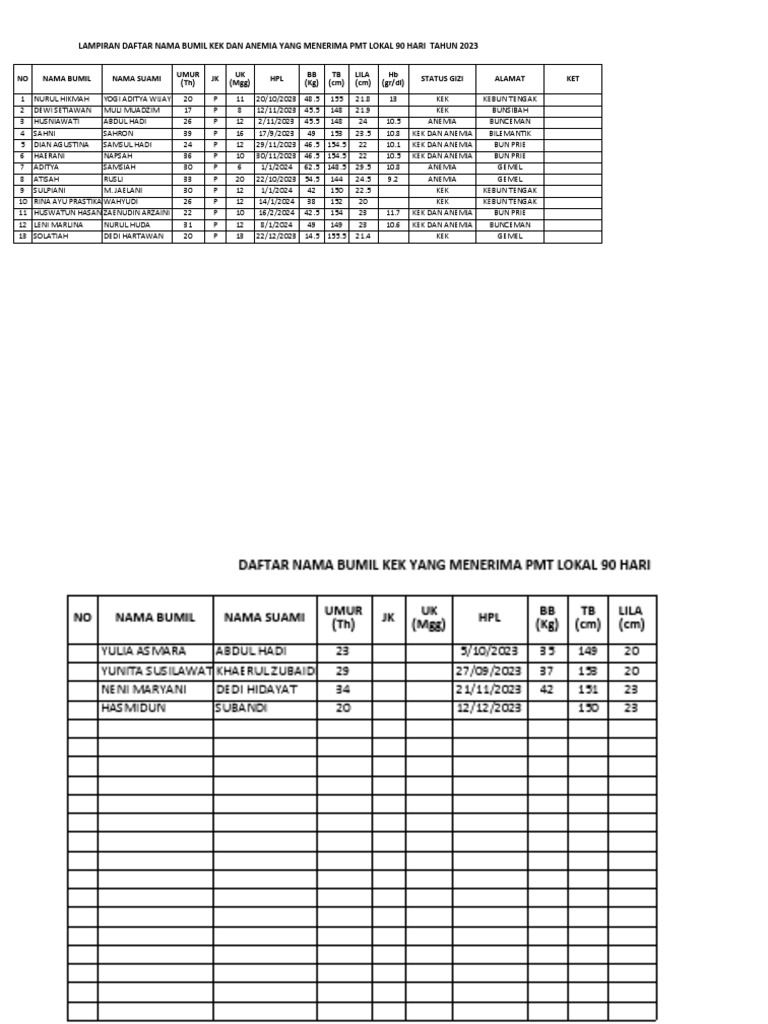 Daftar Balita Dan Bumil PMT Lokal 90 Hari 2023 | PDF