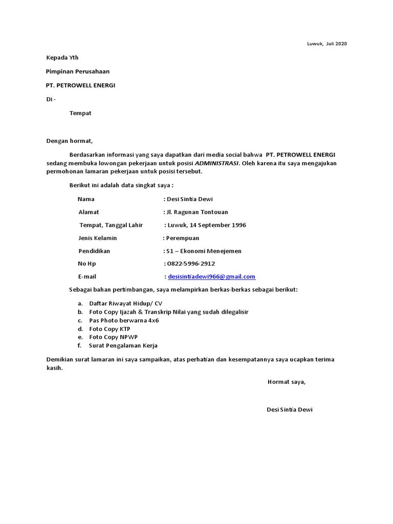 Lamaran Pekerjaan Admin PT. Petrowell Energi | PDF