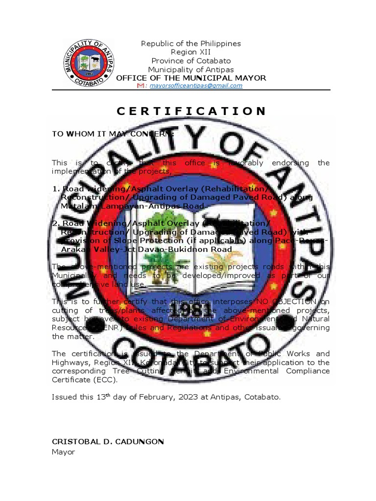 DPWH-CERTIFICATION ROAD WIDENING | PDF