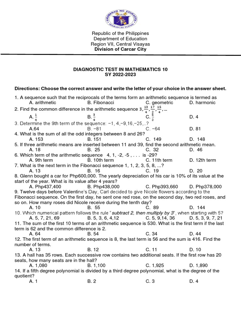Diagnostic Test in Mathematics 10 2022 2023 | PDF | Odds | Percentile