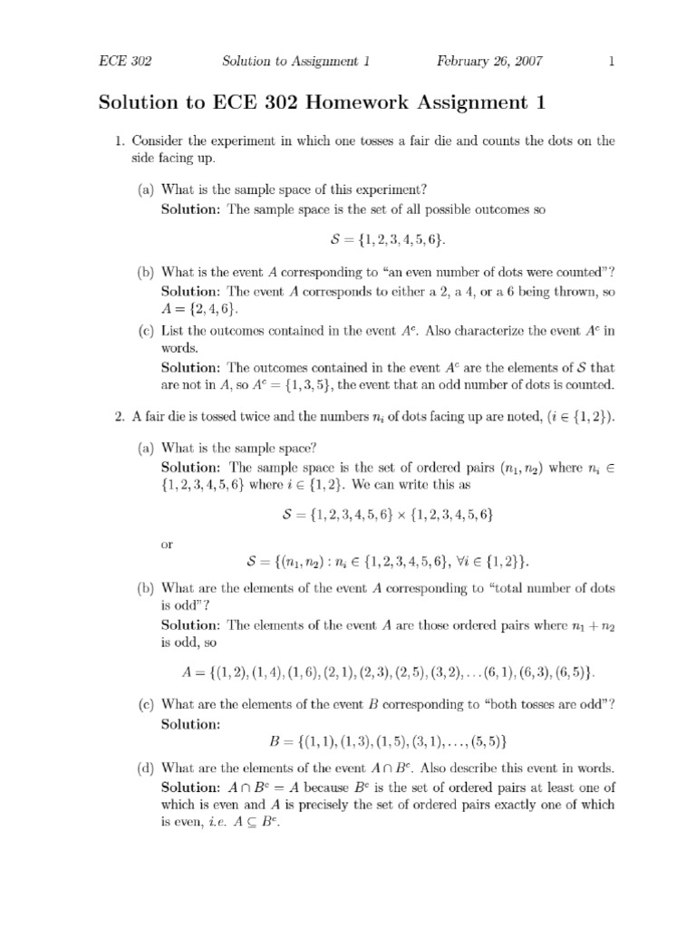 Solution To ECE 302 Homework Assignment 1 | PDF Solution To ECE 302 Homework Assignment 1 | PDF