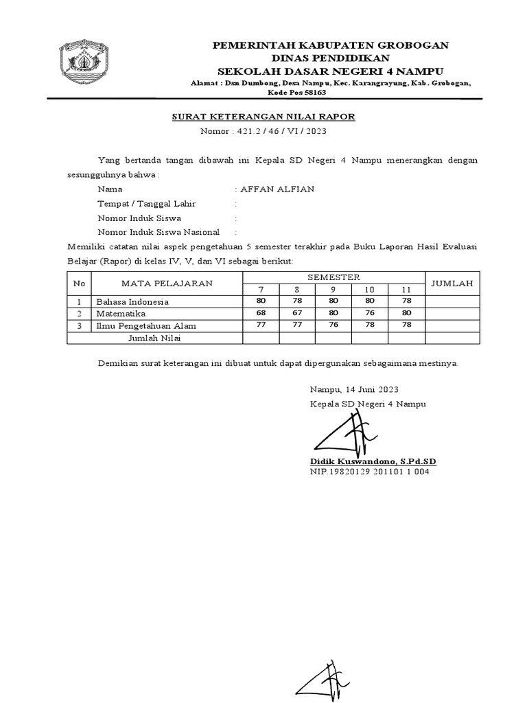 Surat Keterangan Nilai Rapor | PDF