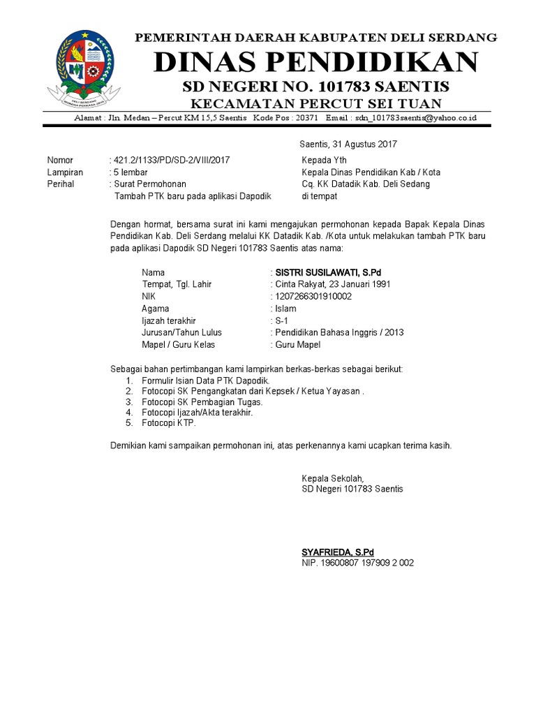 Permohonan Tambah PTK Dapodik | PDF