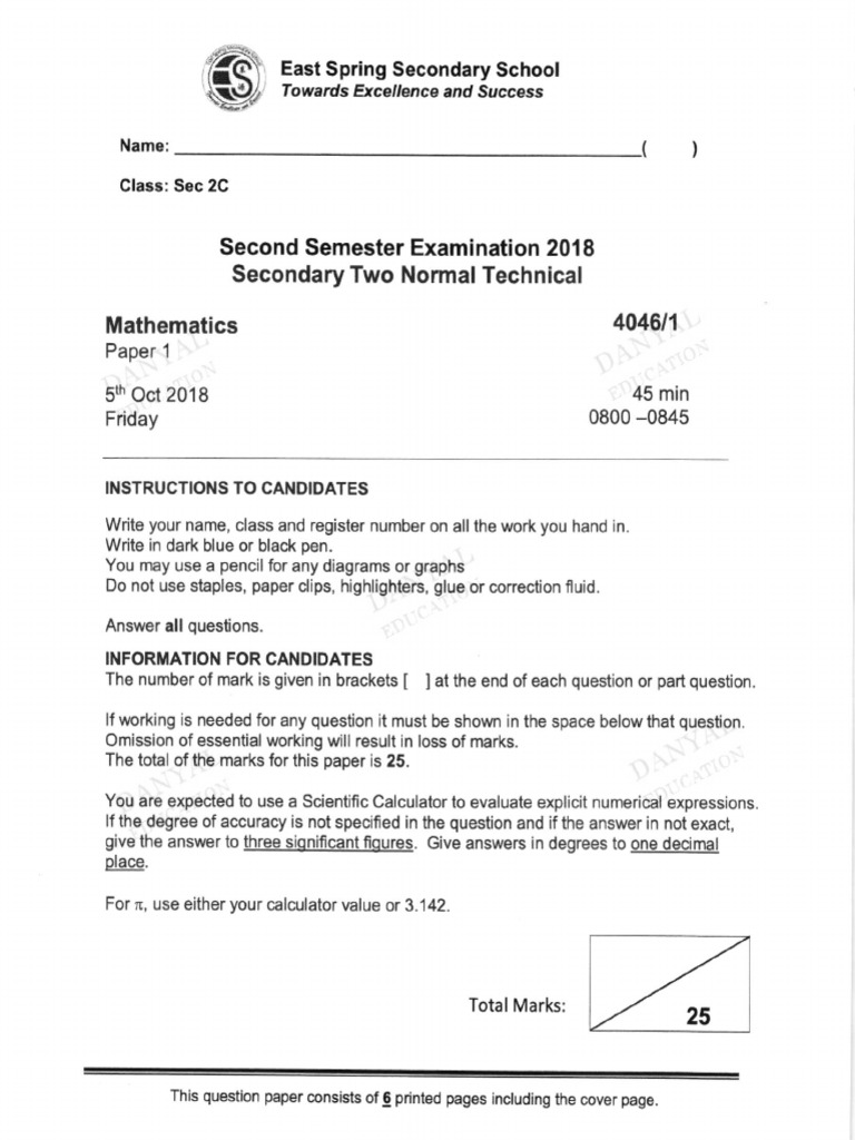 East Spring Secondary EOY 2018 Math Sec 2 NT | PDF | Numbers | Area