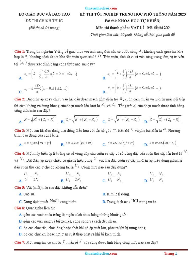 De Thi TN THPT Mon Ly 2023 Co Dap An | PDF