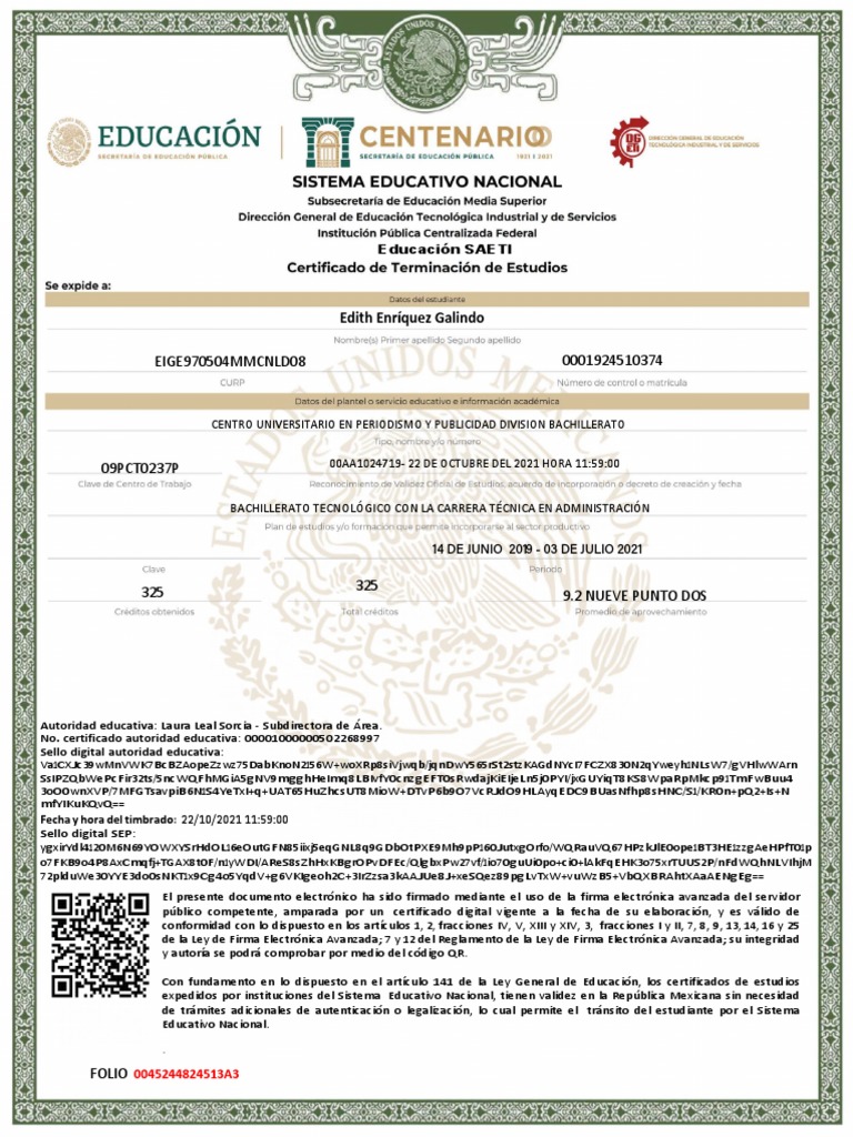 Certificado de Estudios de Edith Enríquez | PDF | Plan de estudios