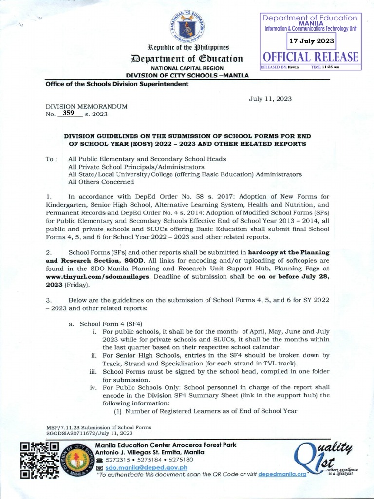 DM 359 S. 2023 DIVISION GUIDELINES ON THE SUBMISSION OF SCHOOL FORMS ... DM 359 S. 2023 DIVISION GUIDELINES ON THE SUBMISSION OF SCHOOL FORMS ...