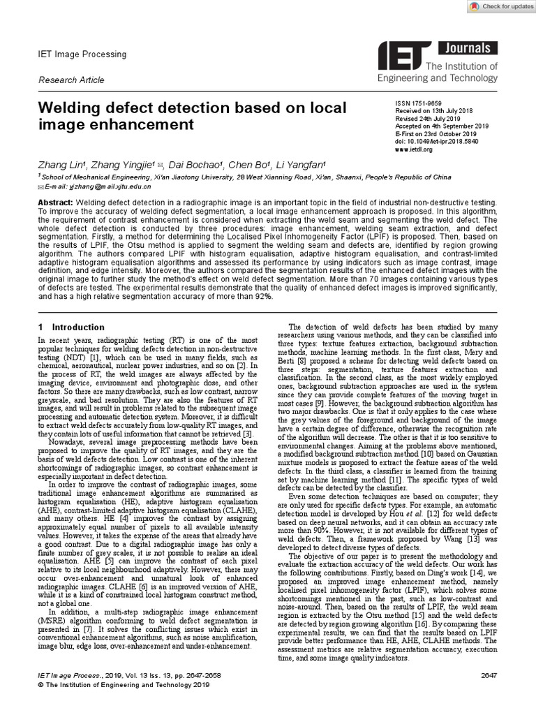 IET Image Processing - 2019 - Lin - Welding Defect Detection Based On Local Image Enhancement ...