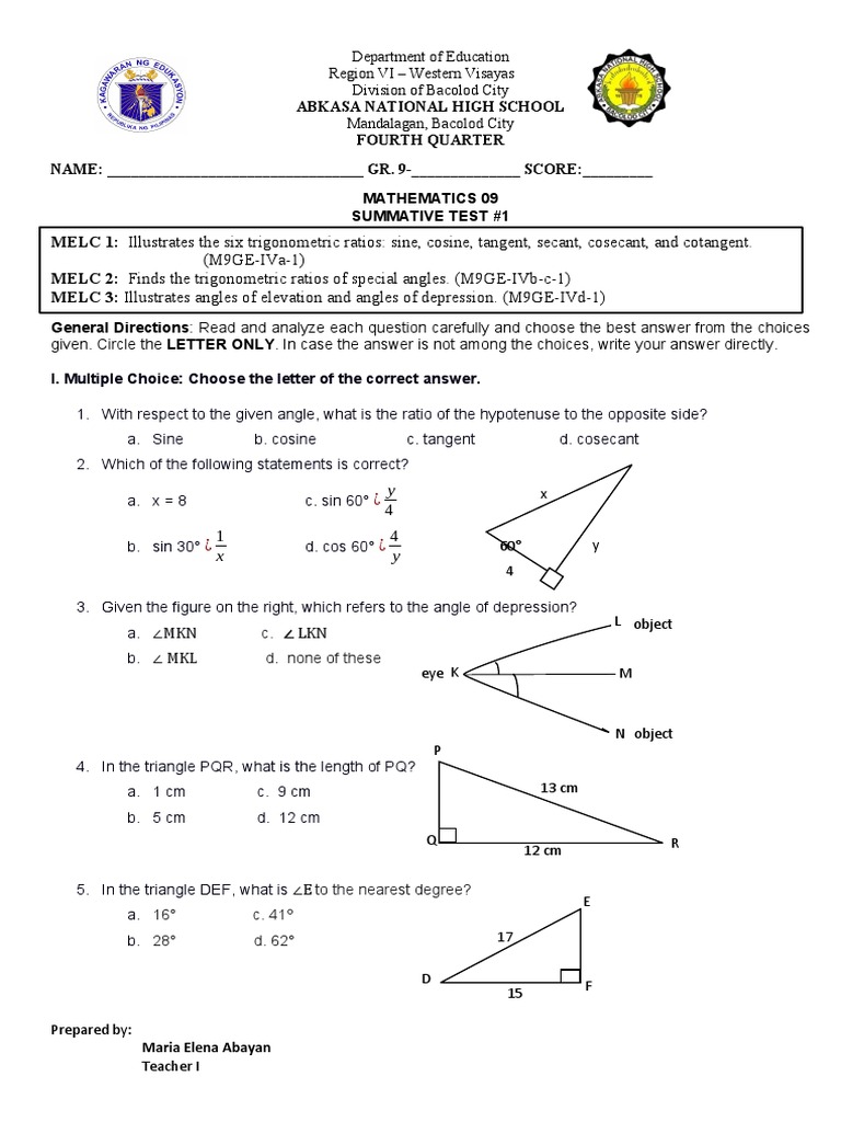Grade 9 Trigonometry Test | PDF | Trigonometric Functions ...