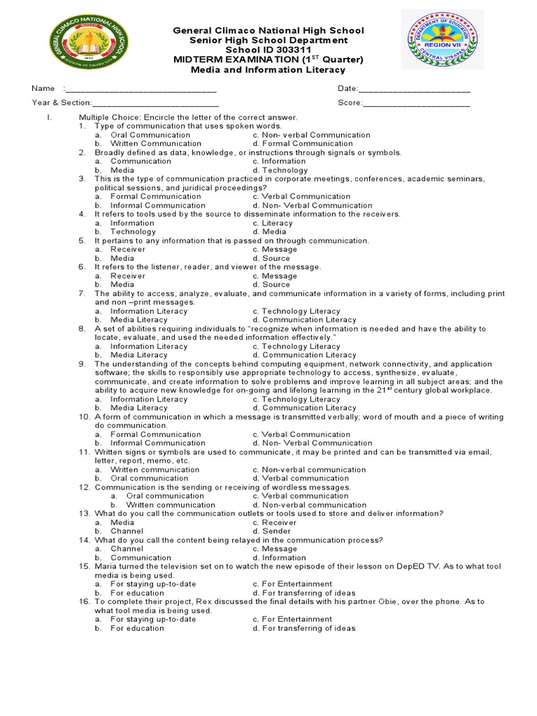 Diagnostic Test in MEDIA AND INFORMATION LITERACY | PDF | Communication ...