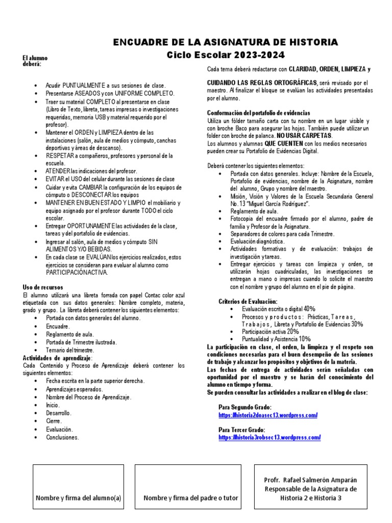 Encuadre Historia Segundo y Tercero 2023 2024 | PDF | Evaluación | Salón de clases