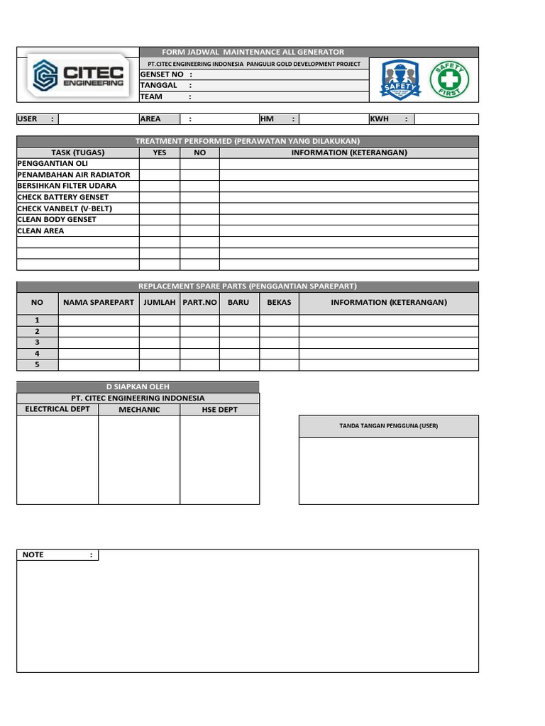 Form Jadwal Maintenance All Generator | PDF