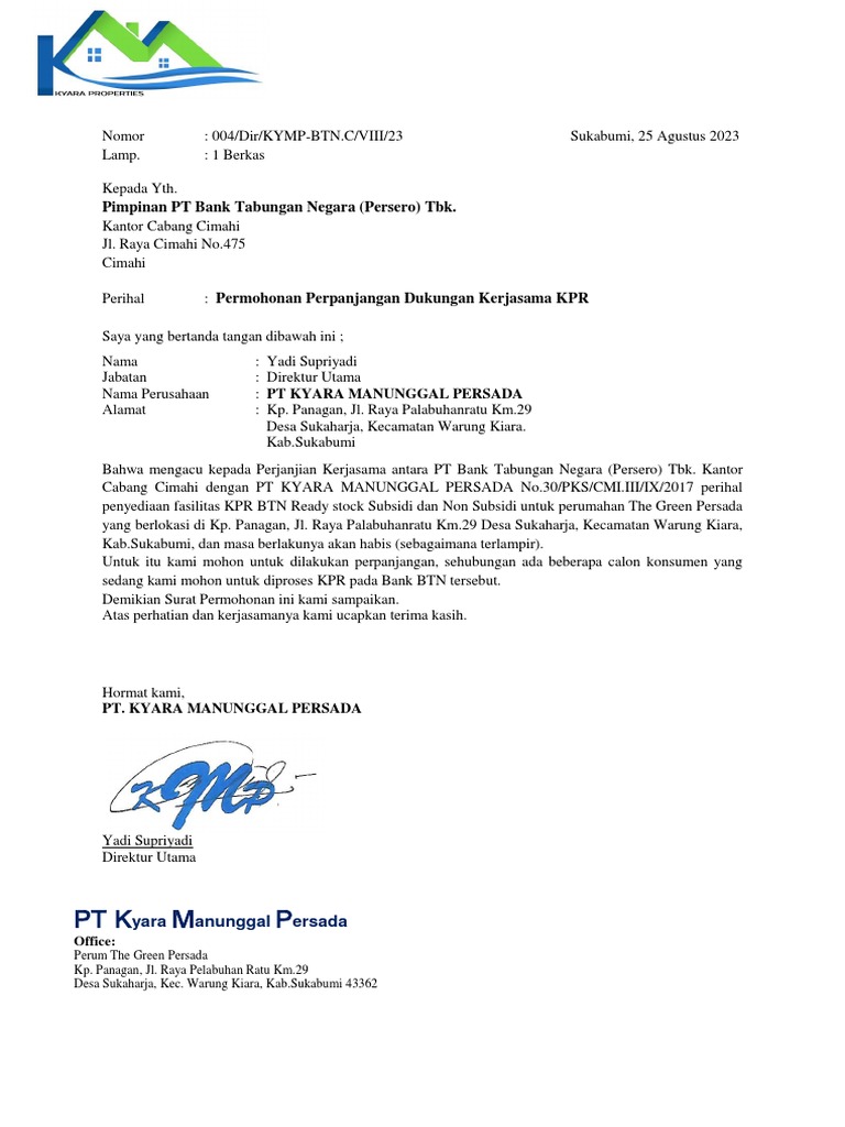 Surat Permohonan Perpanjangan PKS - BTN Cimahi | PDF