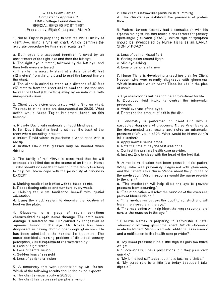 EENT Exam Procedures and Nursing Actions | PDF | Glaucoma | Visual ...