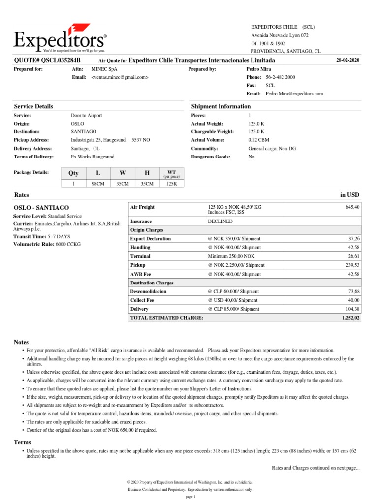QSCL035284B Air Quote For Expeditors Chile Transportes Internacionales ...