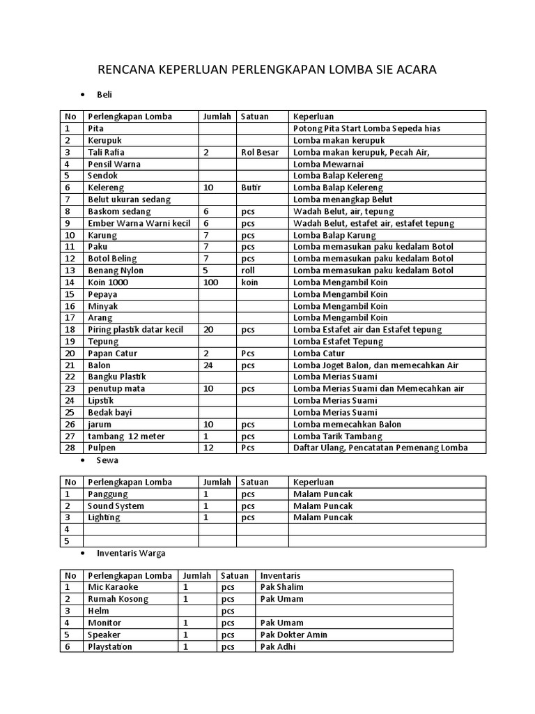Rencana Keperluan Perlengkapan Lomba Sie Acara | PDF