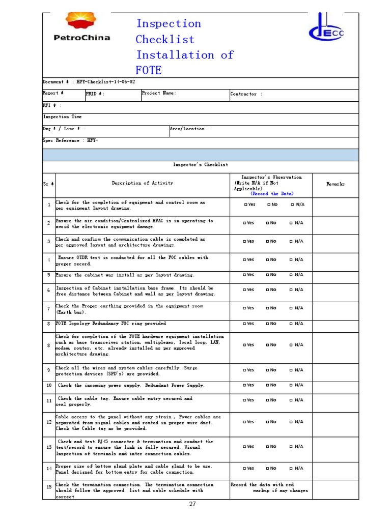 HFY Checklist 14-06-02Installation of FOTE（FOTE安装） | PDF | Equipment ...