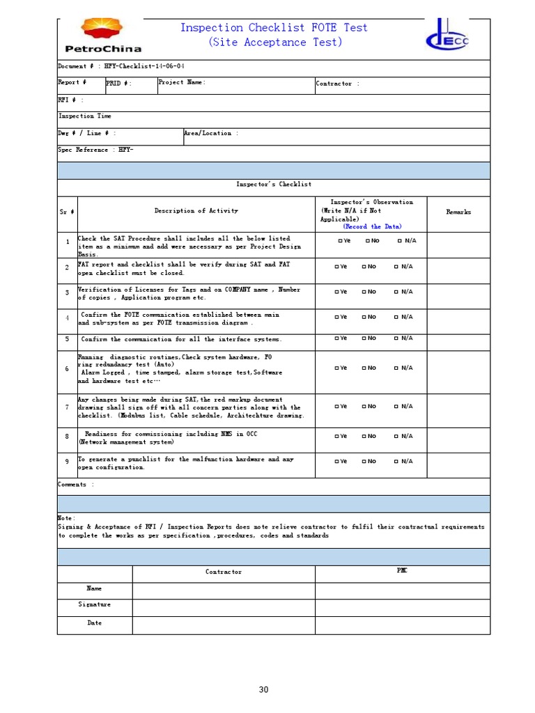 Factory Acceptance Test Checklist | PDF | Specification (Technical ...