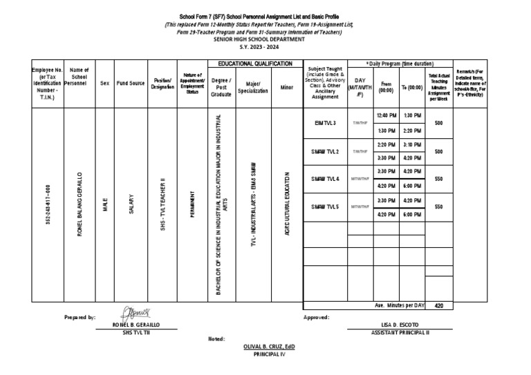 Geraillo - SF7 Sy 2023 2024 | PDF | Teachers | Labor