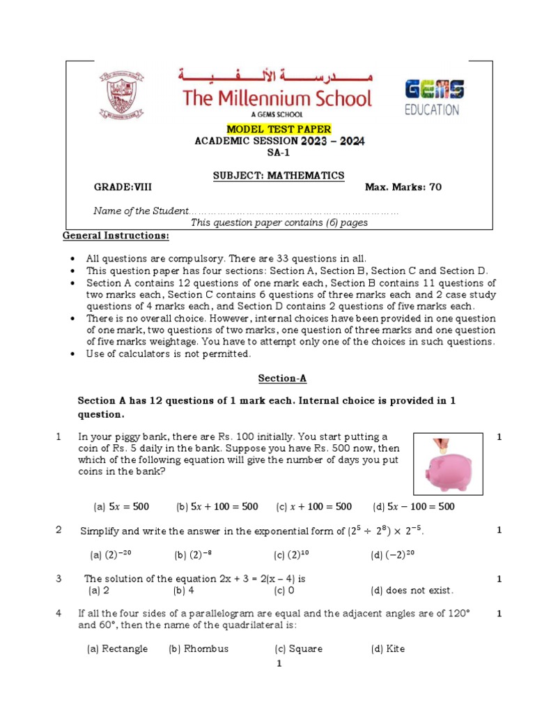 Gr8_Model test paper-SA1_2023-24 | PDF | Rectangle | Elementary Mathematics