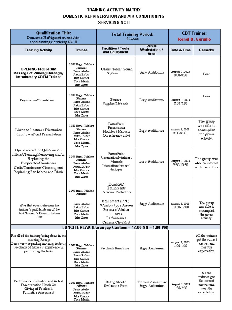 Geraillo Ronel B. Training Activity Matrix | PDF | Manufactured Goods