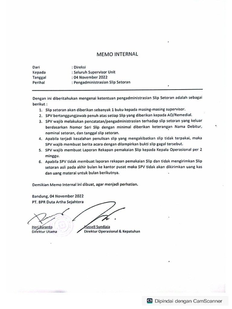 Memo Administrasi Slip Setoran | PDF