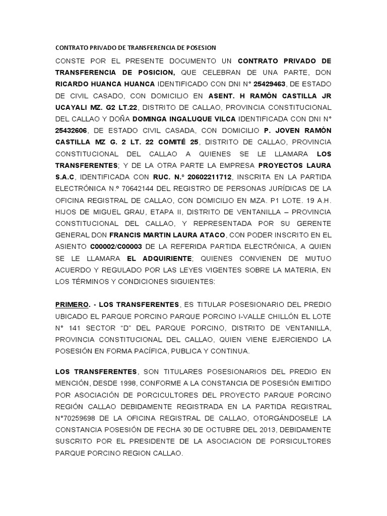 Contrato Privado de Transferencia de Posesion | PDF | Derecho privado | Justicia