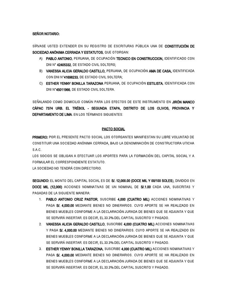 Minuta Constructora Uticha Sac | PDF | Ley procesal | Sociedad de ...