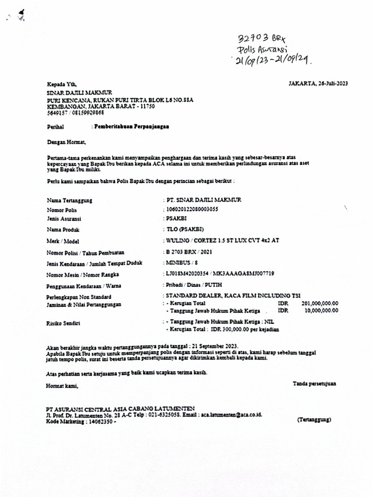 Surat Pemberitahuan Perpanjangan Polis Asuransi - B 2703 BRX - 2023 ...