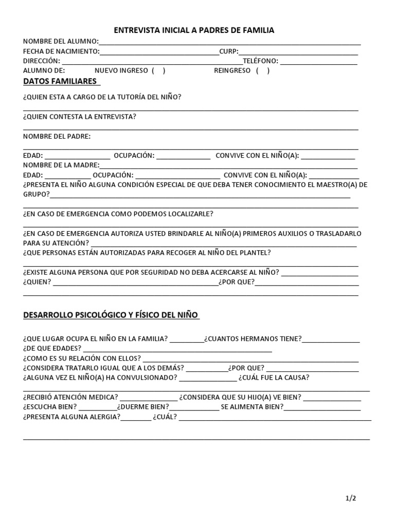 Entrevista Inicial a Padres de Familia | PDF