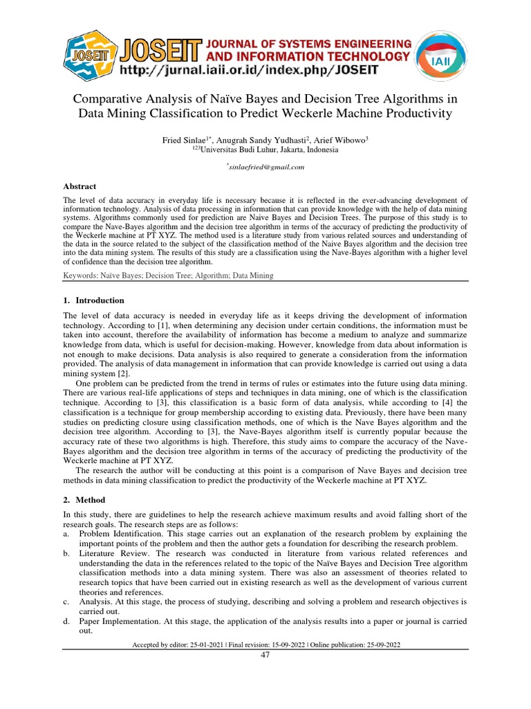 Comparative Analysis Of Naive Bayes And Decision Tree Algorithms In Data Mining Classification