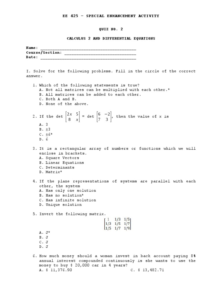 Quiz No. 2 Enhancement | PDF | Matrix (Mathematics) | Linear Algebra