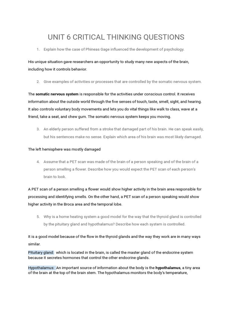 Unit 6 Critical Thinking Questions | PDF | Hypothalamus | Endocrine System