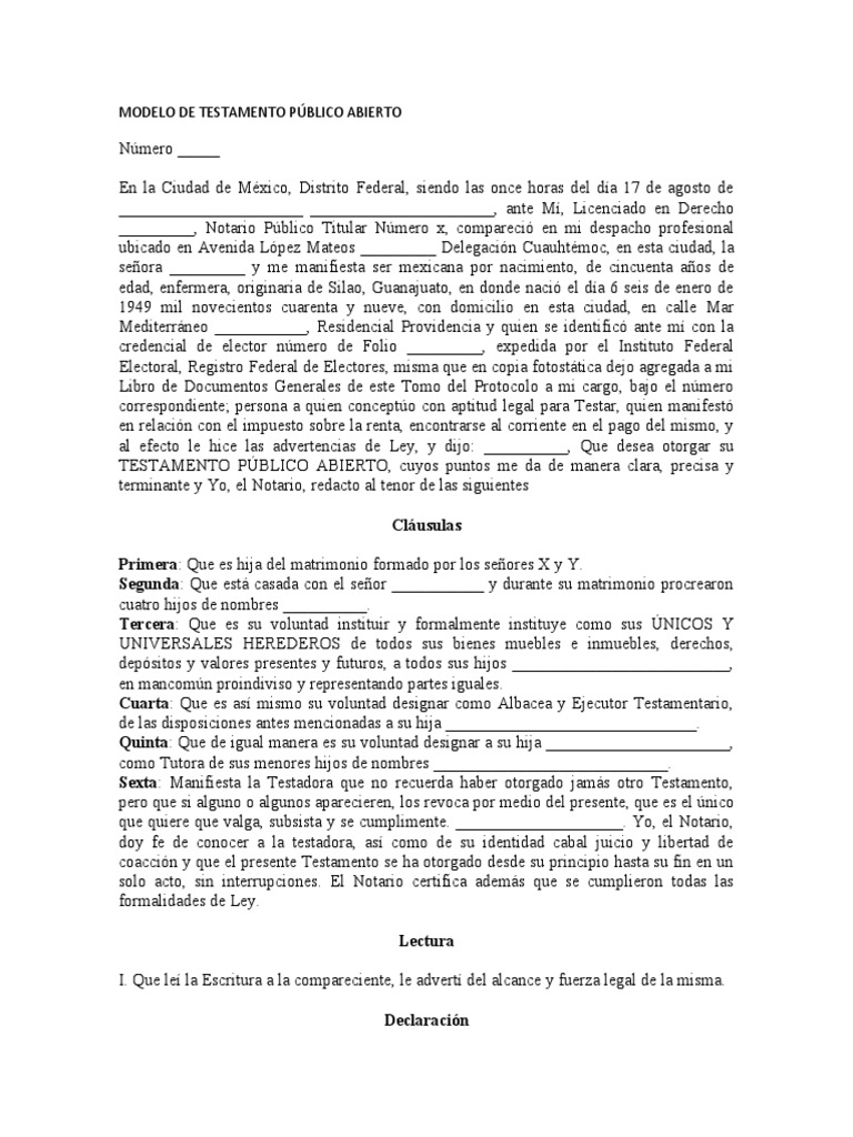 Modelo de Testamento Público Abierto | PDF | Justicia | Crimen y violencia