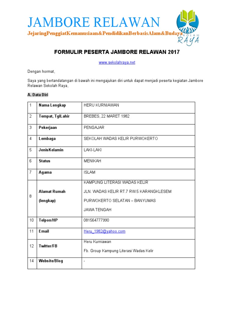 Formulir Calon Relawan - Sekolah Raya - Heru Kurniawan | PDF | Agama & Spiritualitas