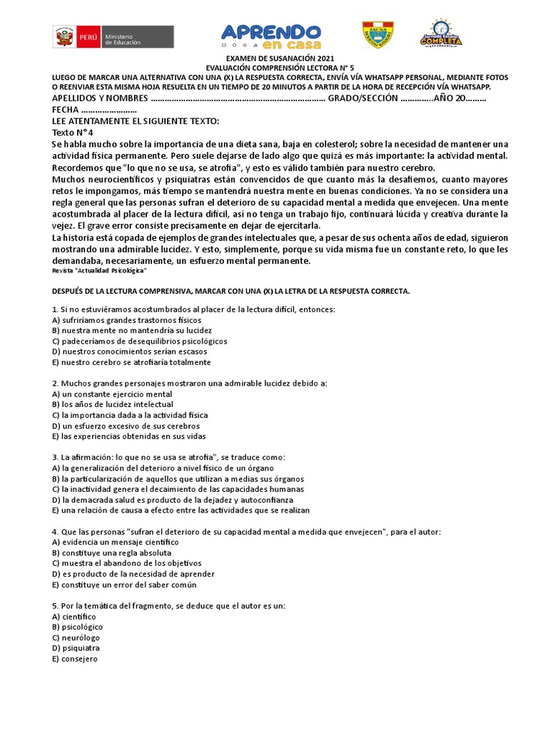 Examen de Lectura 29-9-22 | PDF | Mente | Sicología
