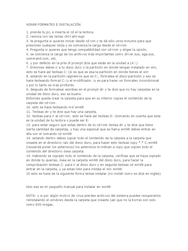 Guía de Formateo e Instalación de Win98 | PDF