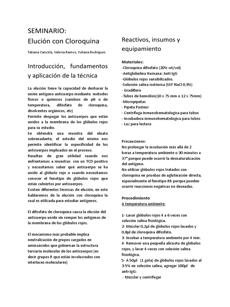 Elución con Cloroquina: Técnica y Aplicación | PDF | Anticuerpo ...
