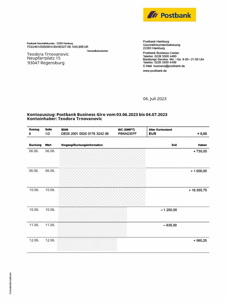 Postbank Kontoauszug Geschaeftskunden DIN A4 | PDF
