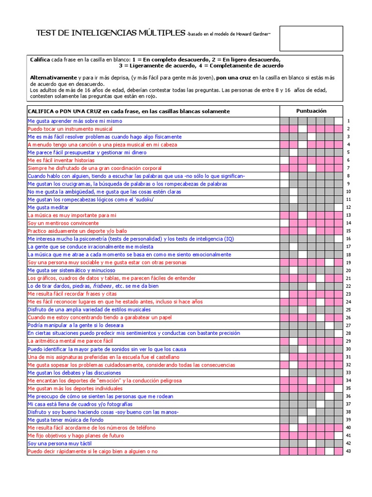 Test de INTELIGENCIAS MÚLTIPLES PDF | PDF | Inteligencia | Cognición