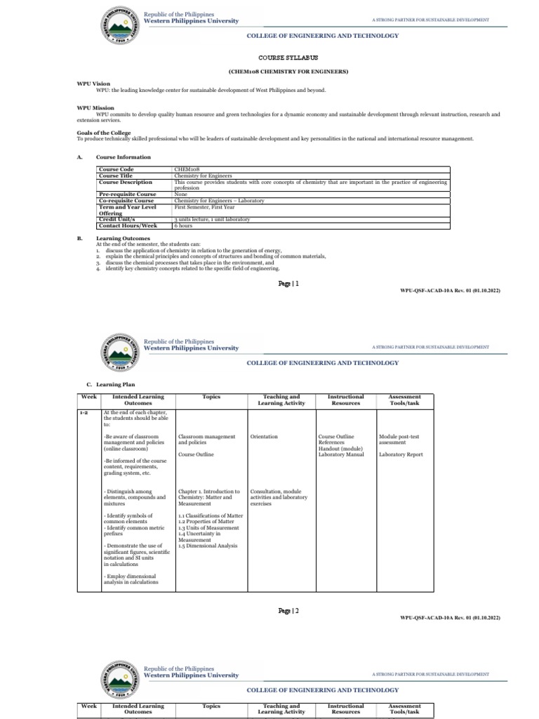 CHEM108 BSEE S1 AY2324 - Syllabus | PDF | Chemistry | Chemical Elements